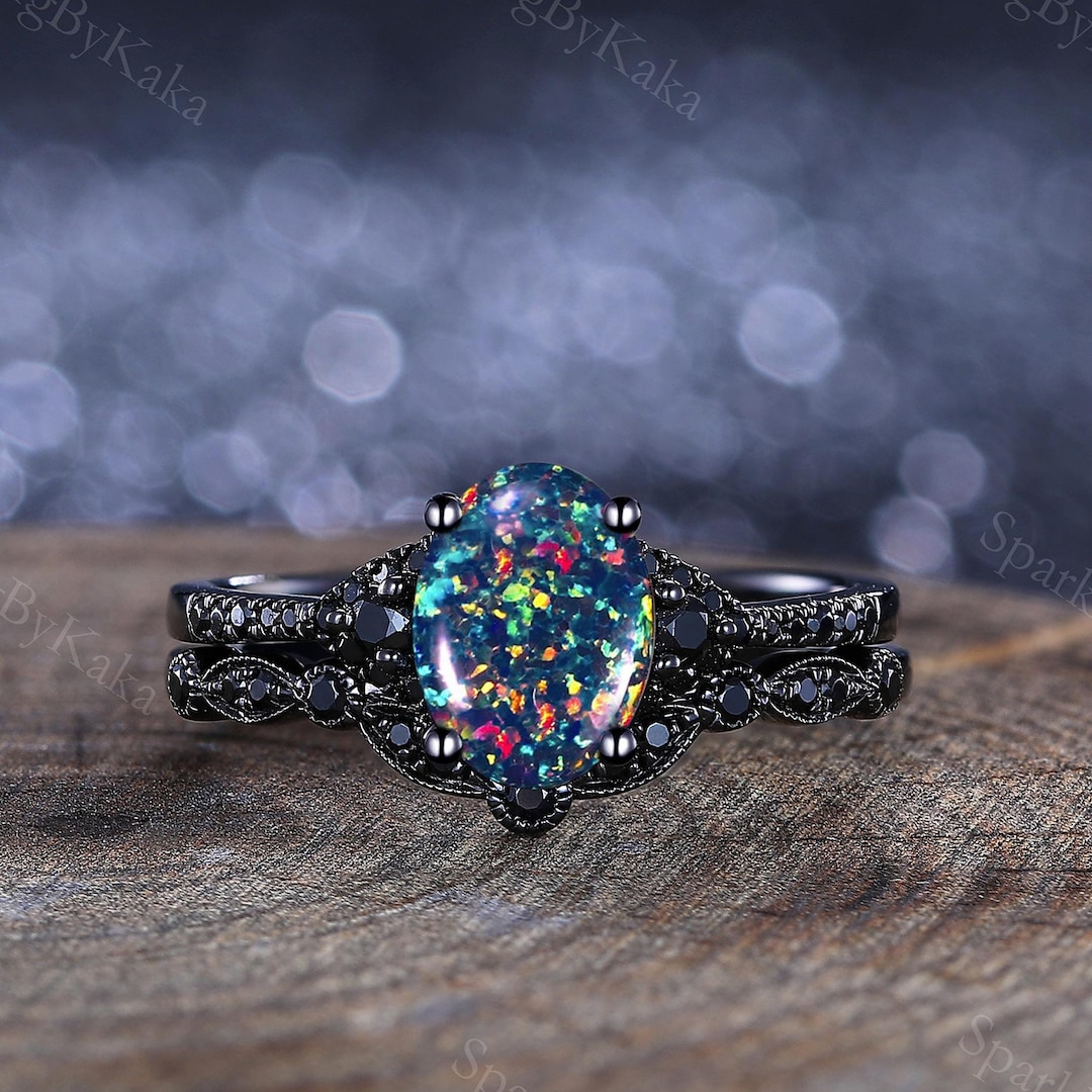 Gothic Black Opal Engagement Ring Set Black Opal Stacking Ring Unique ...
