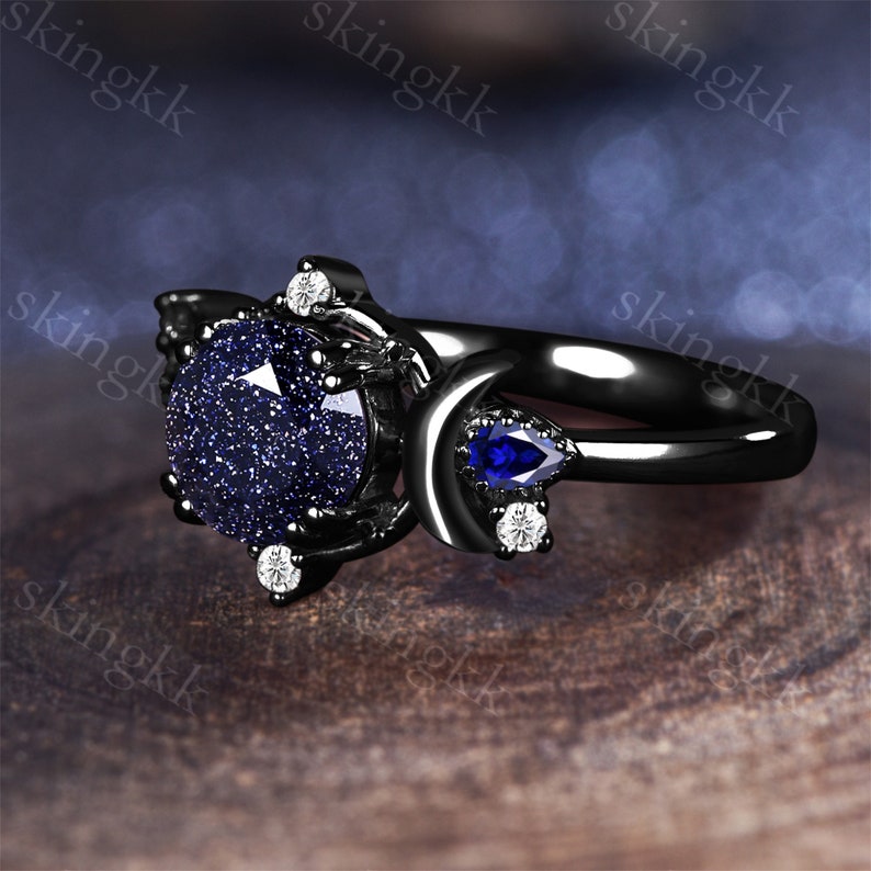 Blue Sandstone Star Moon Ring – 14K Black Gold, Sapphire Accent - Etsy