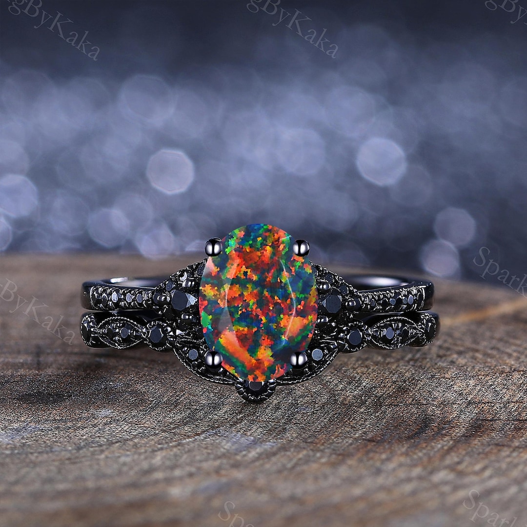 Gothic Black Fire Opal Engagement Ring Set, Black Spinel Side Stone - Etsy