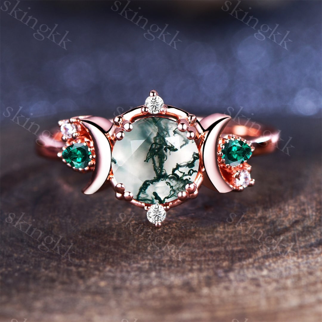 Star Moon Ring Celestial Ring Vintage Moss Agate Ring 14K Rose Gold ...