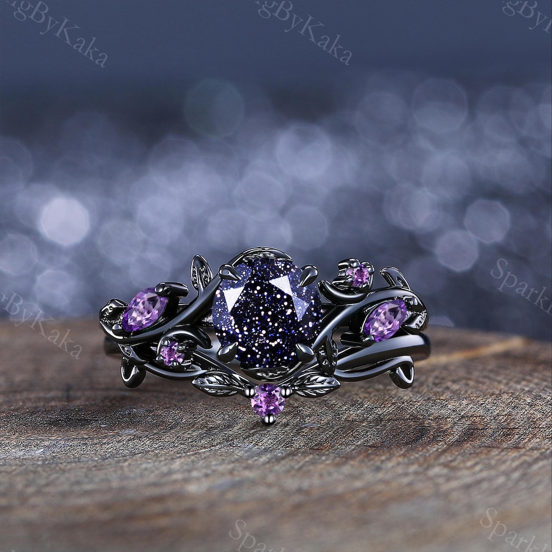 Handmade Blue Sandstone Engagement Ring Set, Black Gold Amethyst Ring ...