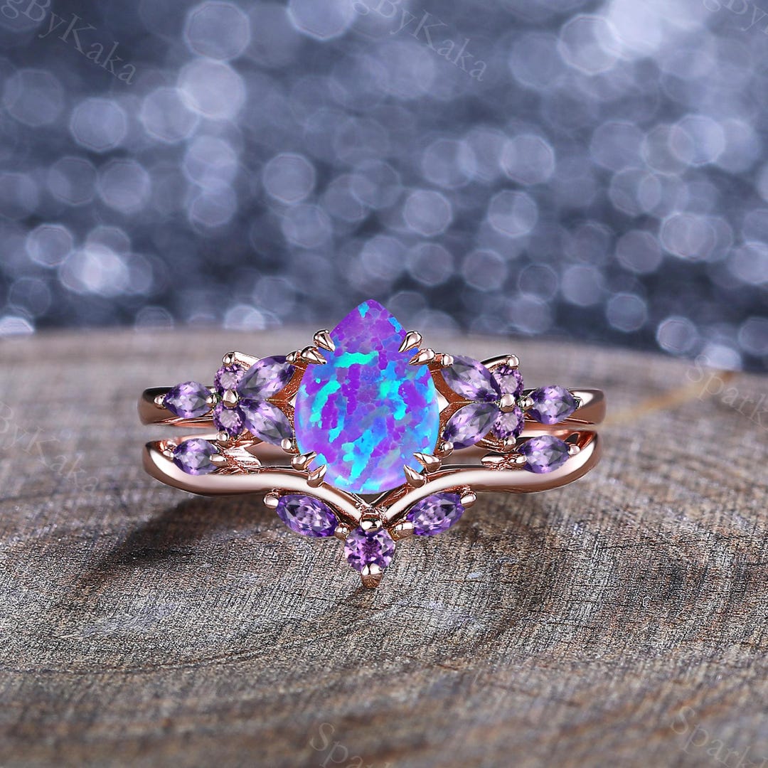 Vintage Lavender Opal Engagement Ring Set Pear Purple Opal Ring Fire Opal Wedding Band Amethyst ...