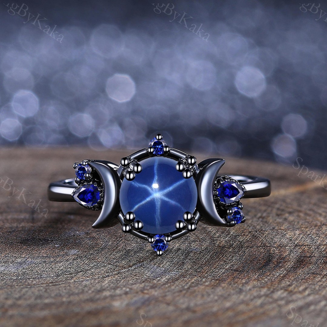 Unique Star Sapphire Ring Star Moon Ring 14K Black Gold Sapphire Ring ...