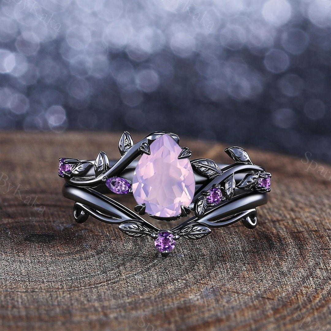 Unique Lavender Amethyst Engagement Ring Set Wedding Band Leaf Design ...