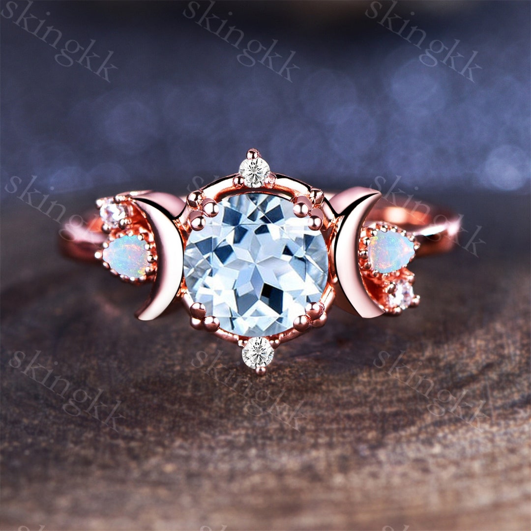 Star Moon Ring Celestial Ring Vintage Aquamarine Ring 14K Rose Gold ...