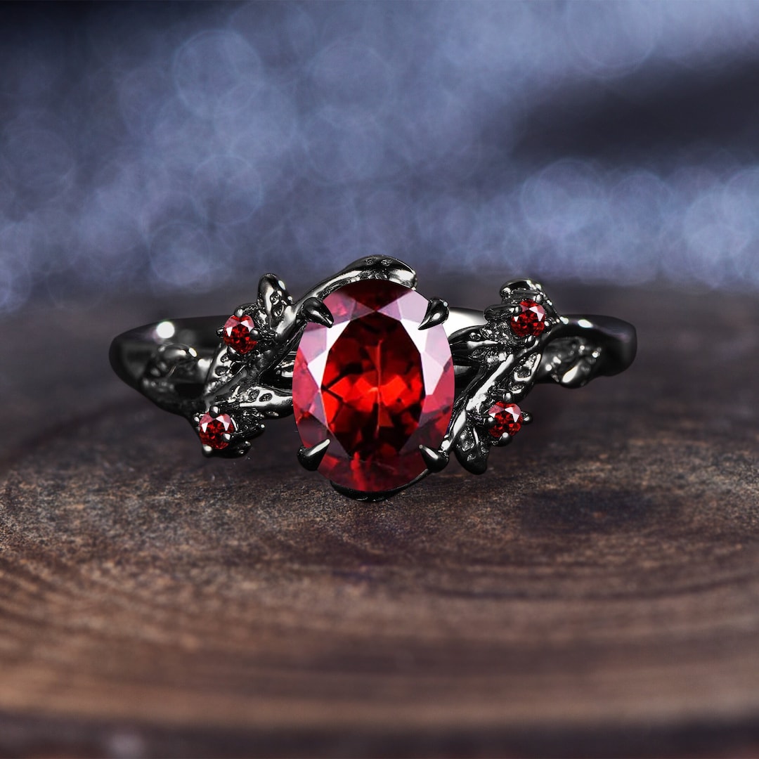 Vintage Ruby Engagement Ring,oval Cut Gems,black Gold,wedding Band,stone Unique Women Bridal ...