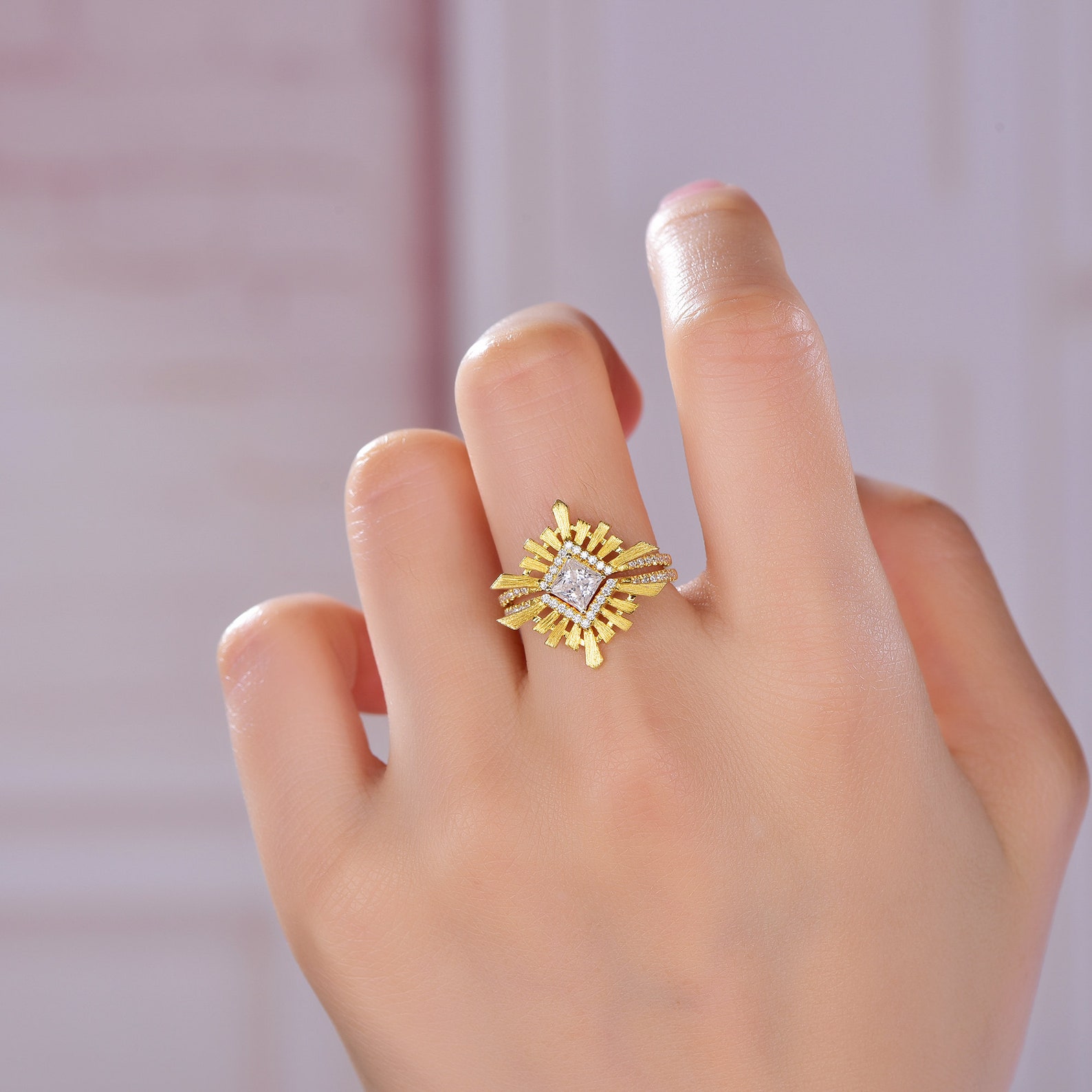 Princess Ring Set Moissanite Engagement Ring Set Gold Ring - Etsy