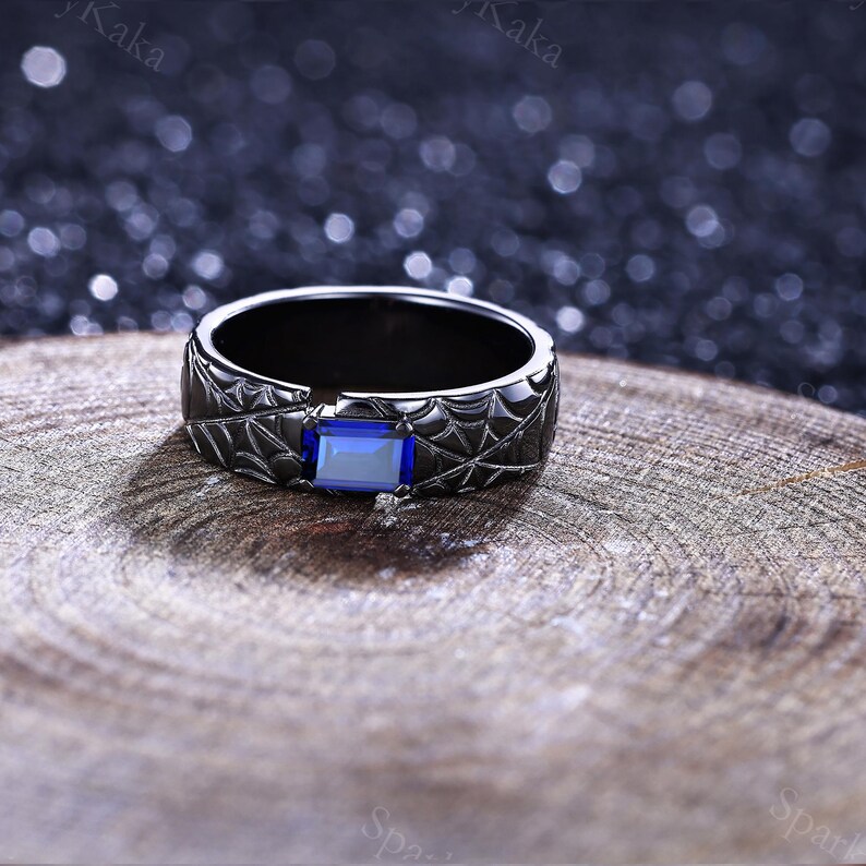 Blue Sapphire Men's Promise Ring Engagement Ring Unique 14K Black Gold ...