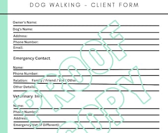 Dog Walking Client Form | Pet Info Sheet | Puppy Details| Client ...