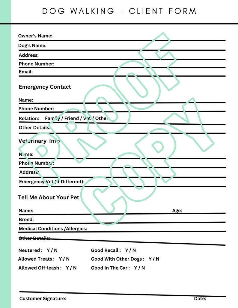 Dog Walking Form | Dog Walker & Vet History | New Client Checklist Form ...