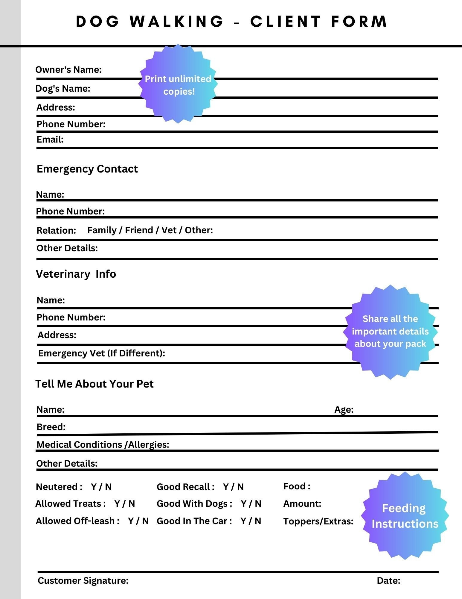Dog Walk Client Form | K9 Walking Details | New Pet Care Info | Puppy ...
