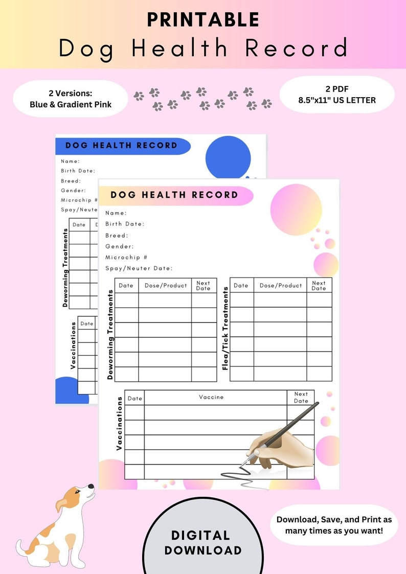 Dog Health Record, Printable Vaccine History, Puppy Shots Breeder ...