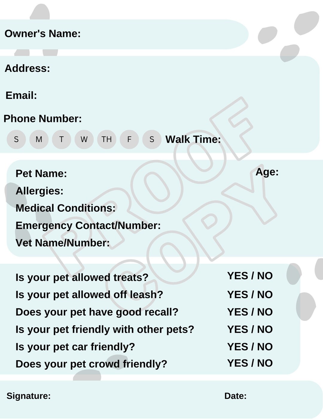 Dog Walking Client Form | Pet Info Sheet | Puppy Details| Client ...