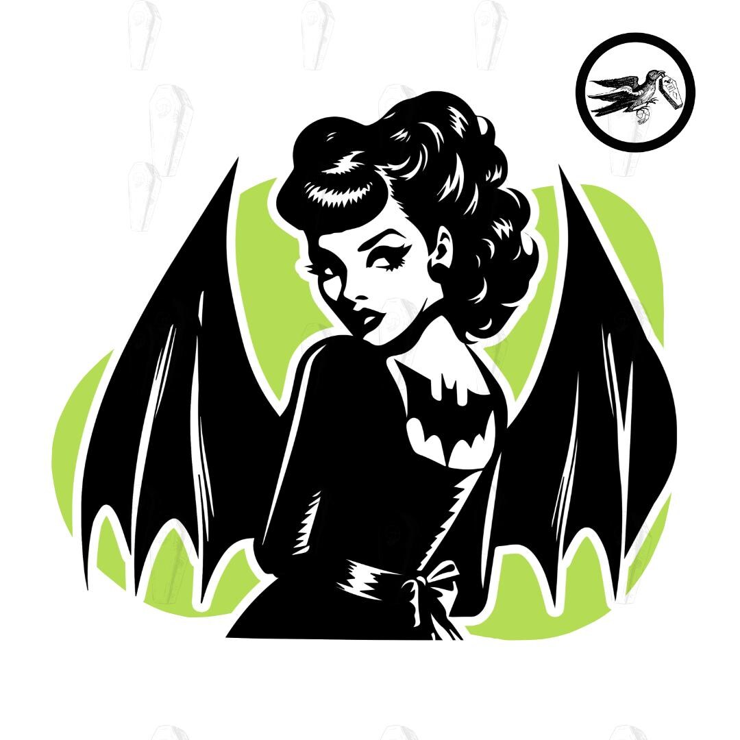 Batgirl Goth Pin Up Bat Dress Digital Sticker Black And White Art Download Etsy