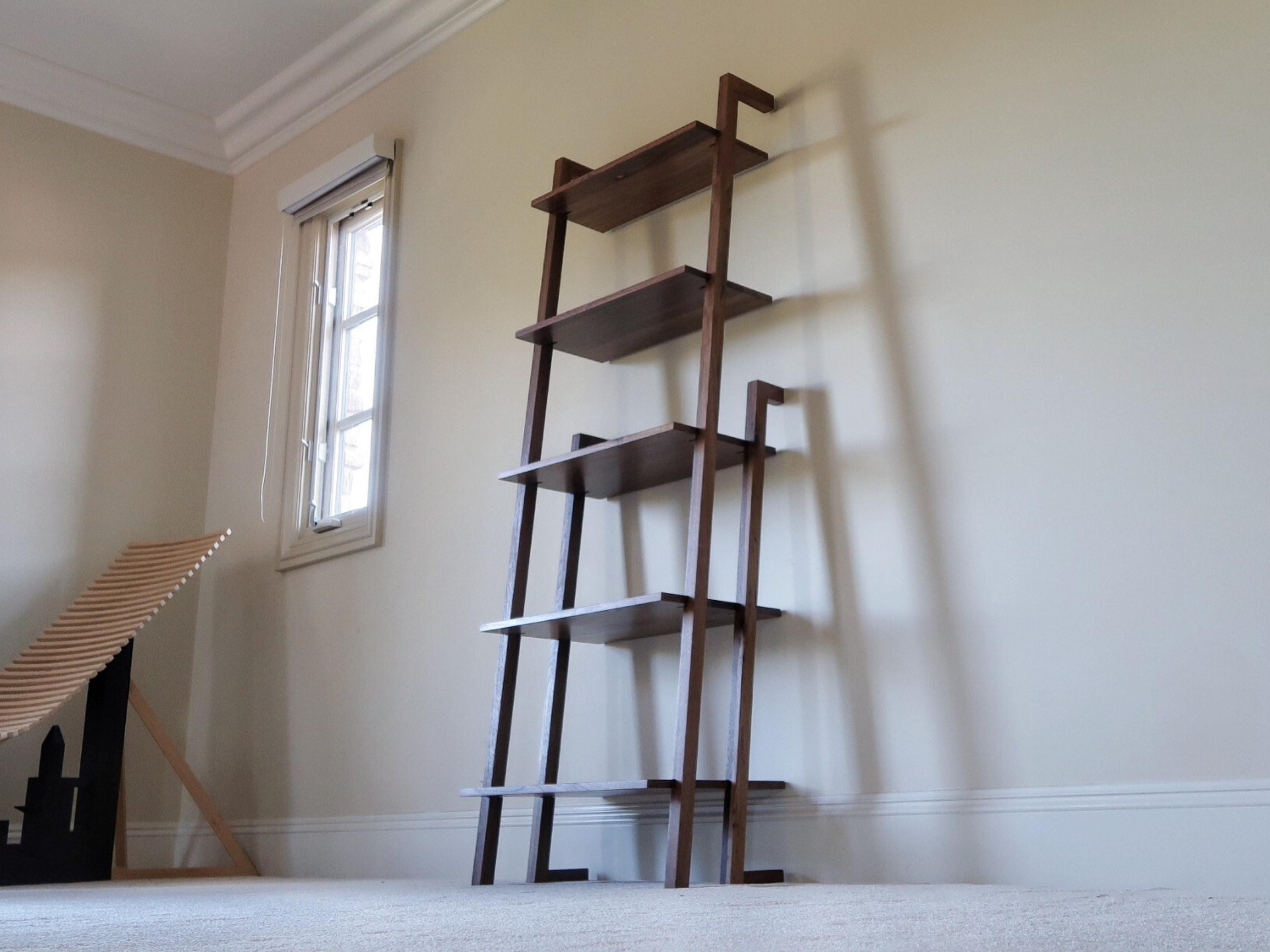 Walnut Ladder Bookshelf Leaning Wall Shelf Modern Display Unit Storage ...