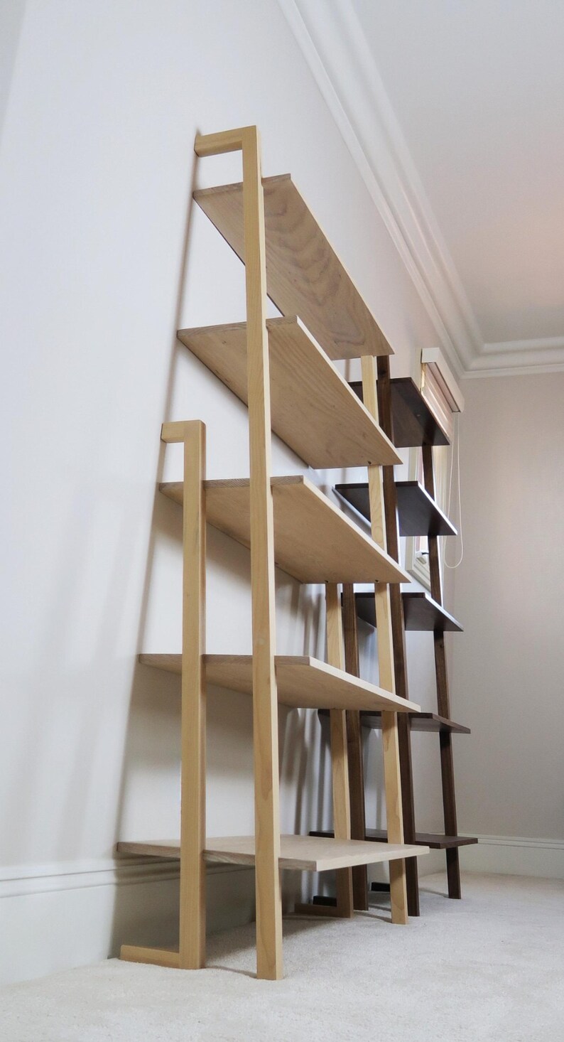 Walnut Ladder Bookshelf Leaning Wall Shelf Modern Display Unit Storage ...