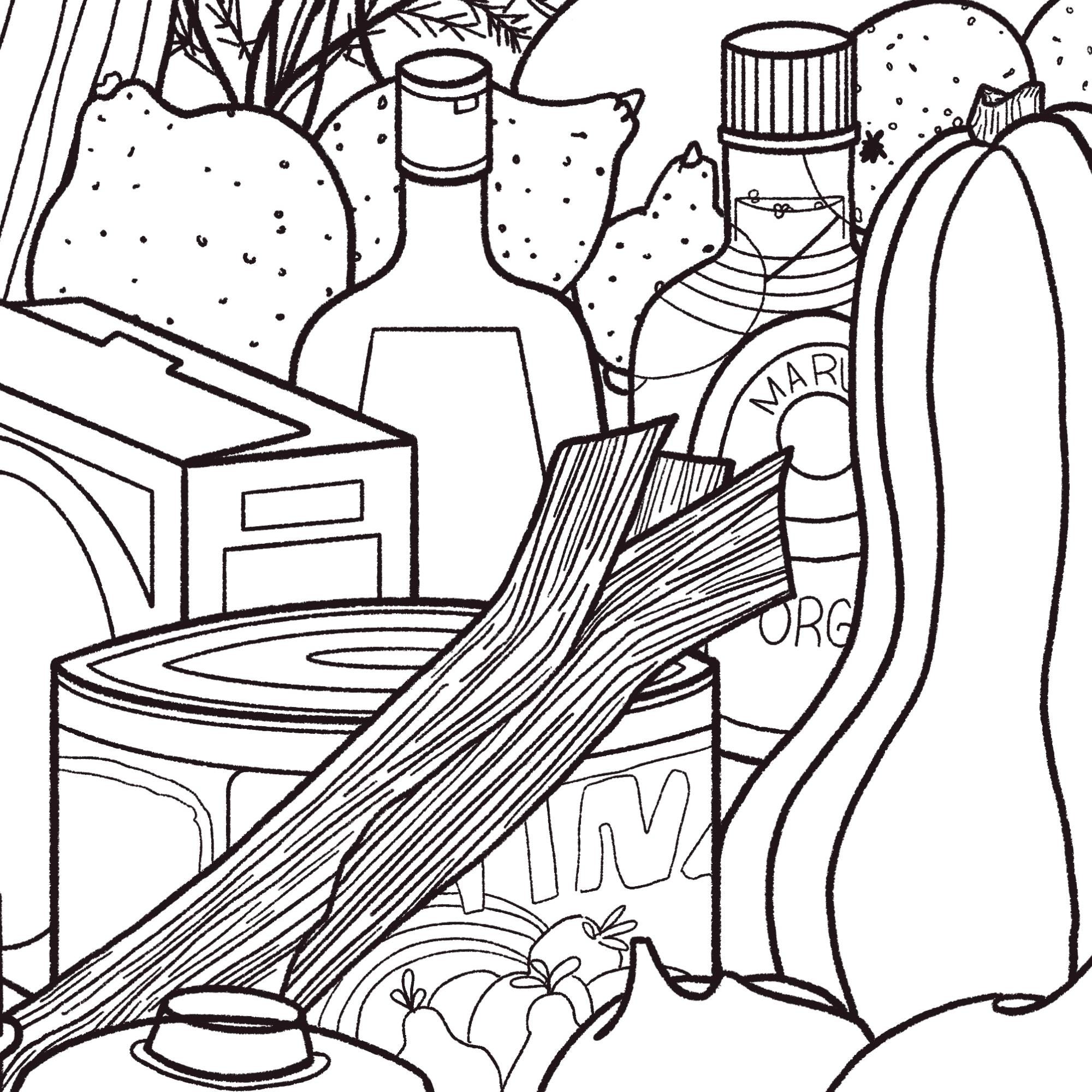 Kitchen Line Art Illustration: Food & Pantry Coloring Page (digital ...