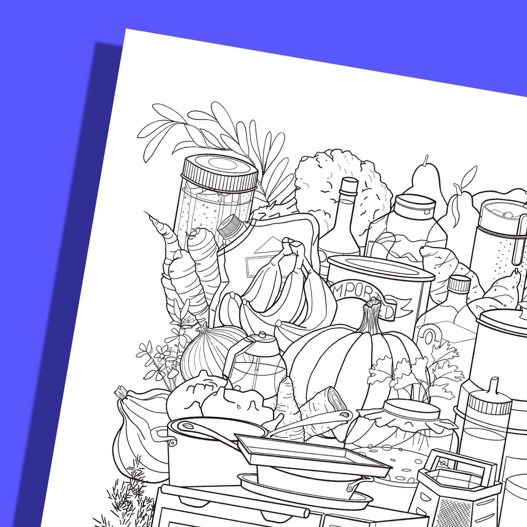 Kitchen Line Art Illustration: Food & Pantry Coloring Page (digital ...