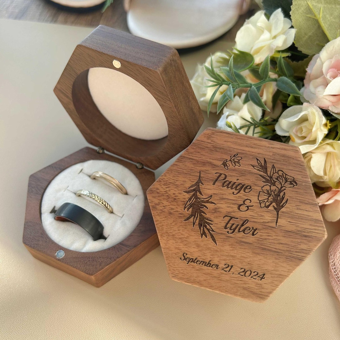 Custom 1/2/3 Slots Ring Box, Hexagon Wooden Ring Box for Wedding ...