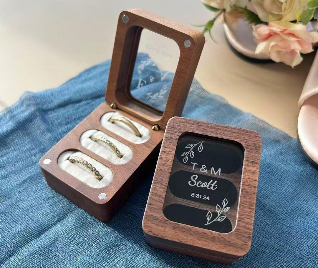 Custom Wedding Ring Box, Triple Flip Wood Ring Box, 3 Slots Ring Box ...