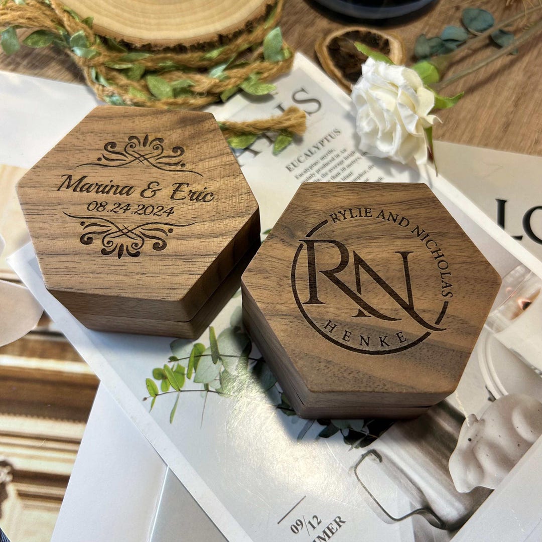 Personalized Hexagon Triple Slots Wedding Ring Box, 3 Slots Ring Box ...