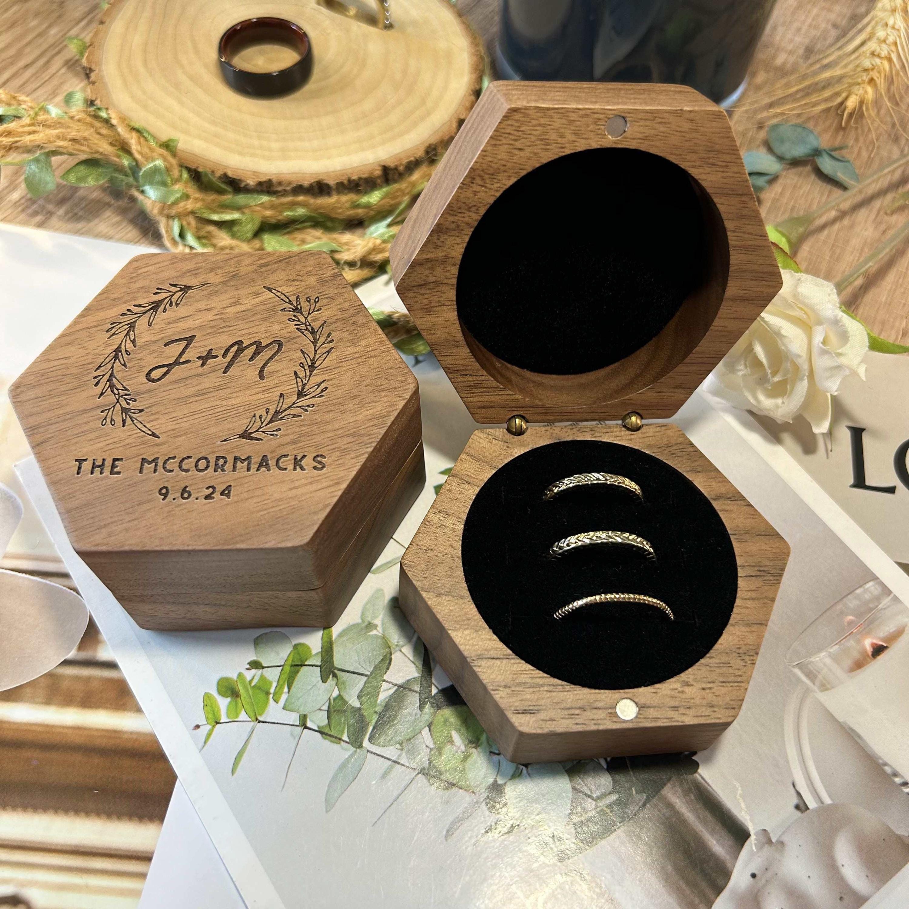 Personalized Hexagon Triple Slots Wedding Ring Box, 3 Slots Ring Box ...