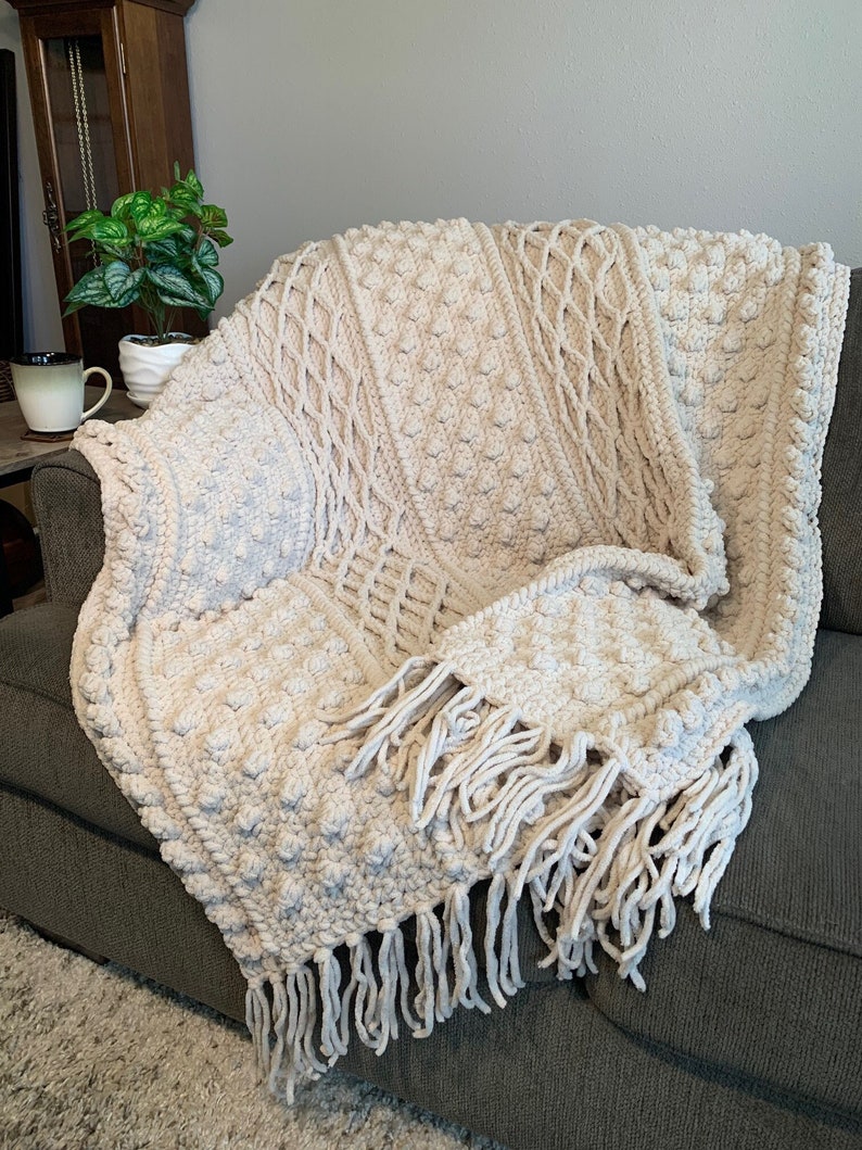 Thick Crochet Blanket Handmade Cozy Chenille Afghan Diamonds,popcorn ...