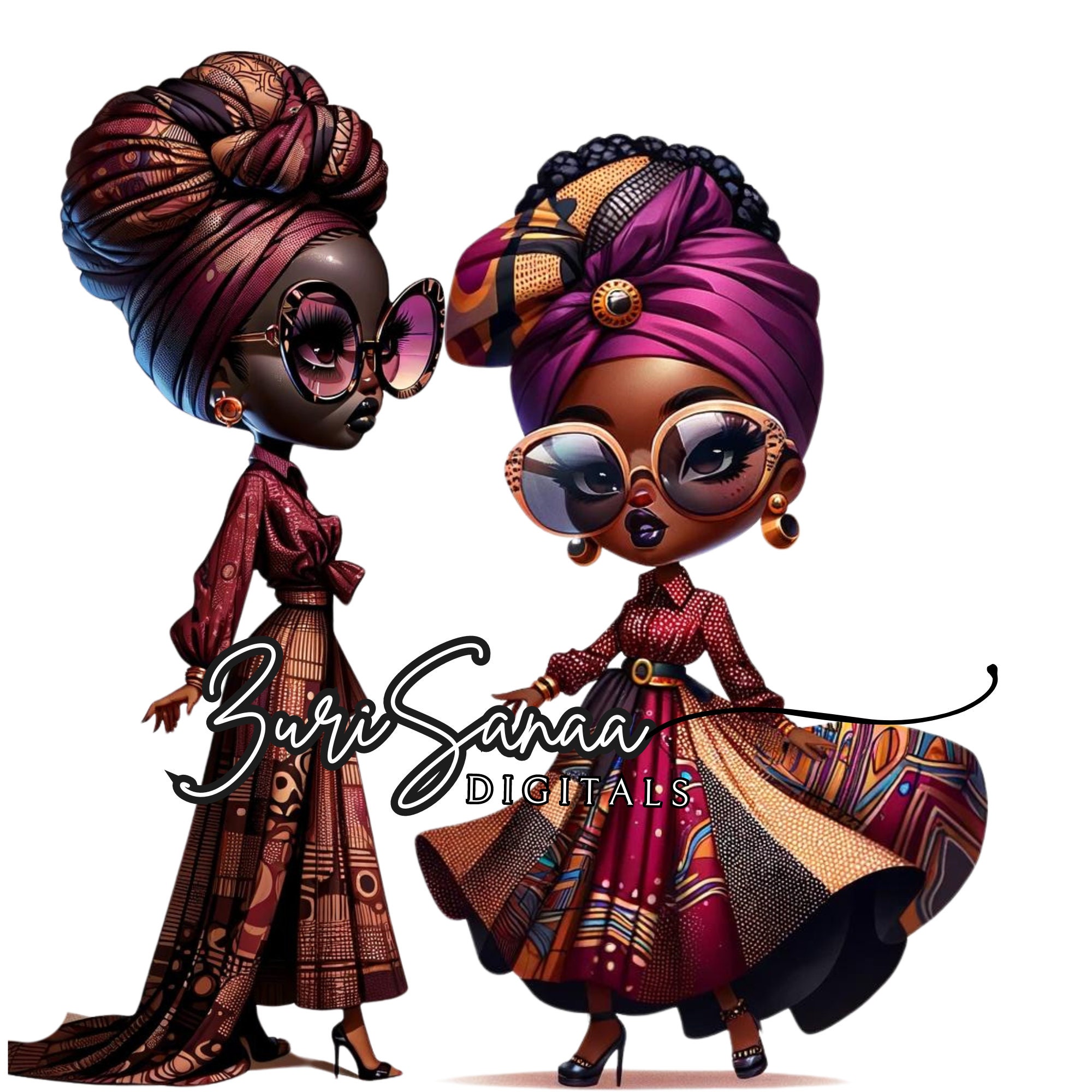 Chibi Chic Charm: 10-image PNG Bundle of Stylized Black Doll Elegance ...