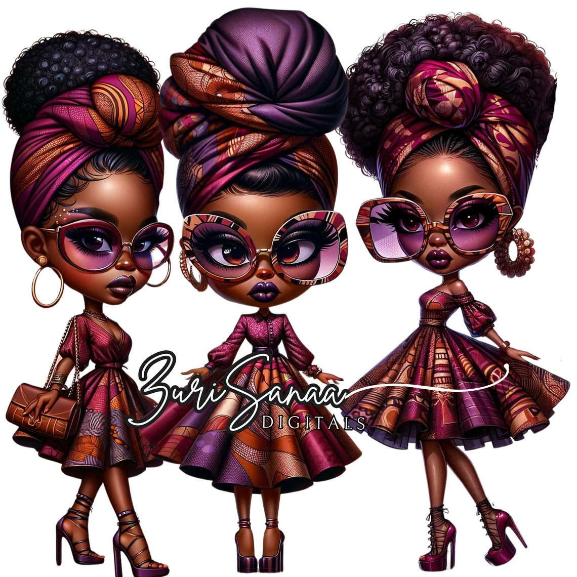Chibi Chic Charm: 10-image PNG Bundle of Stylized Black Doll Elegance ...