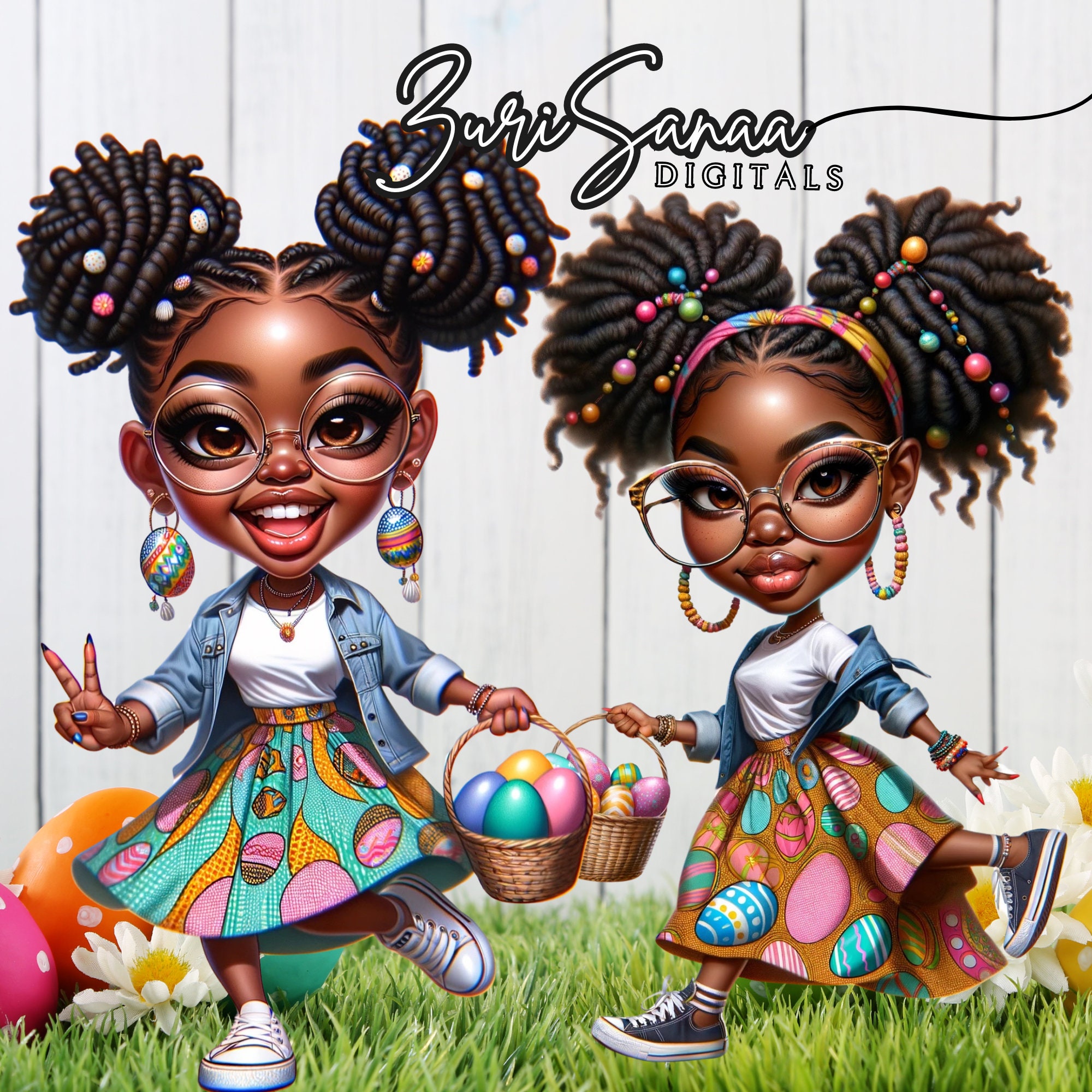 Easter Delight: 5 PNG Bundle of Adorable Little Black Girls in Festive ...