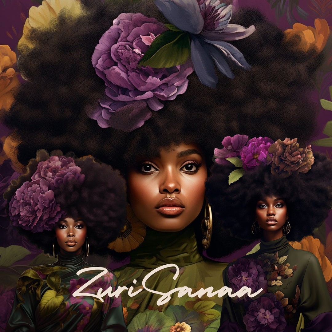 Afro Soul: 7 Beautiful Afro Women & Purple Olive Florals - Digital ...