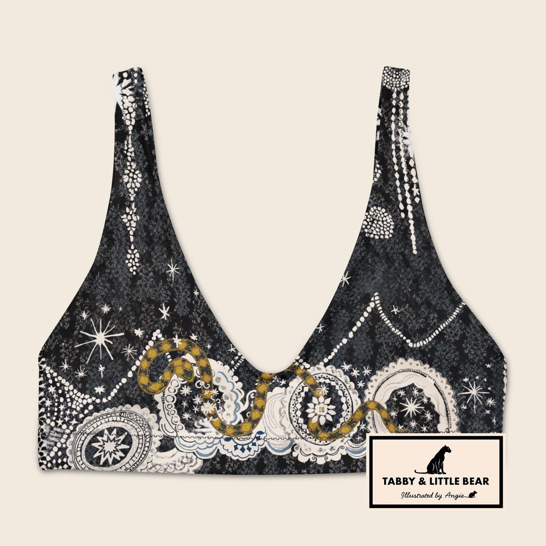 Edgy Snake Bikini Top Jewel Star Pattern Print, Bold Black Beachwear ...