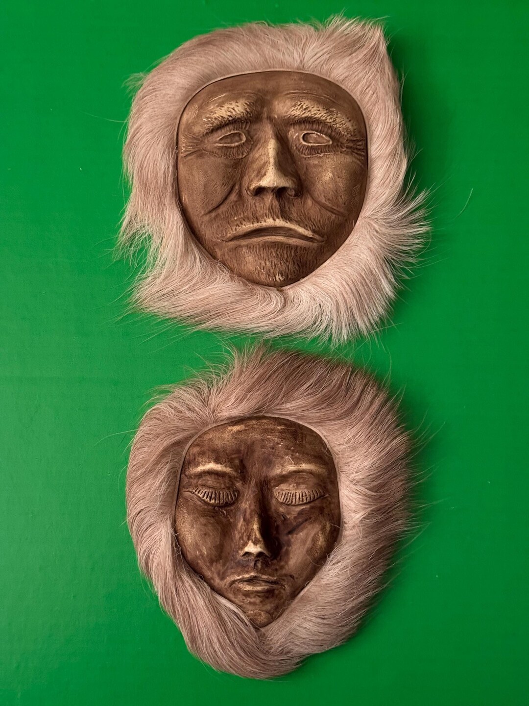 Vintage Inuit ESKIMO Clay and Caribou Fur FACE MASKS – 1980’s Male ...