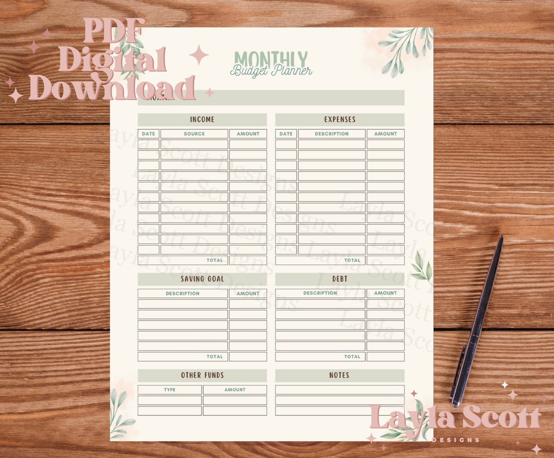 Printable Monthly Budget Planner Digital Download , Saving , Frugal ...