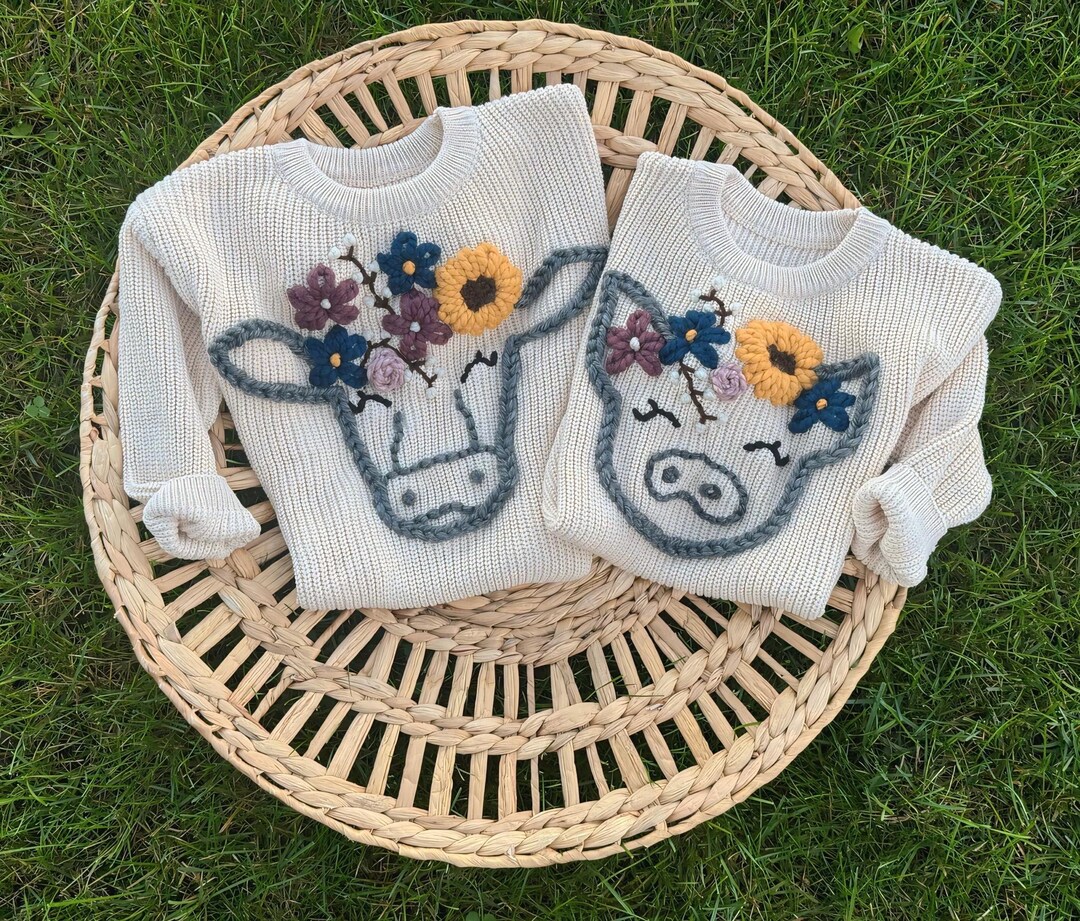 Cow Hand Embroidered Sweater, Hand Embroidered Cow Sweater, Hand ...