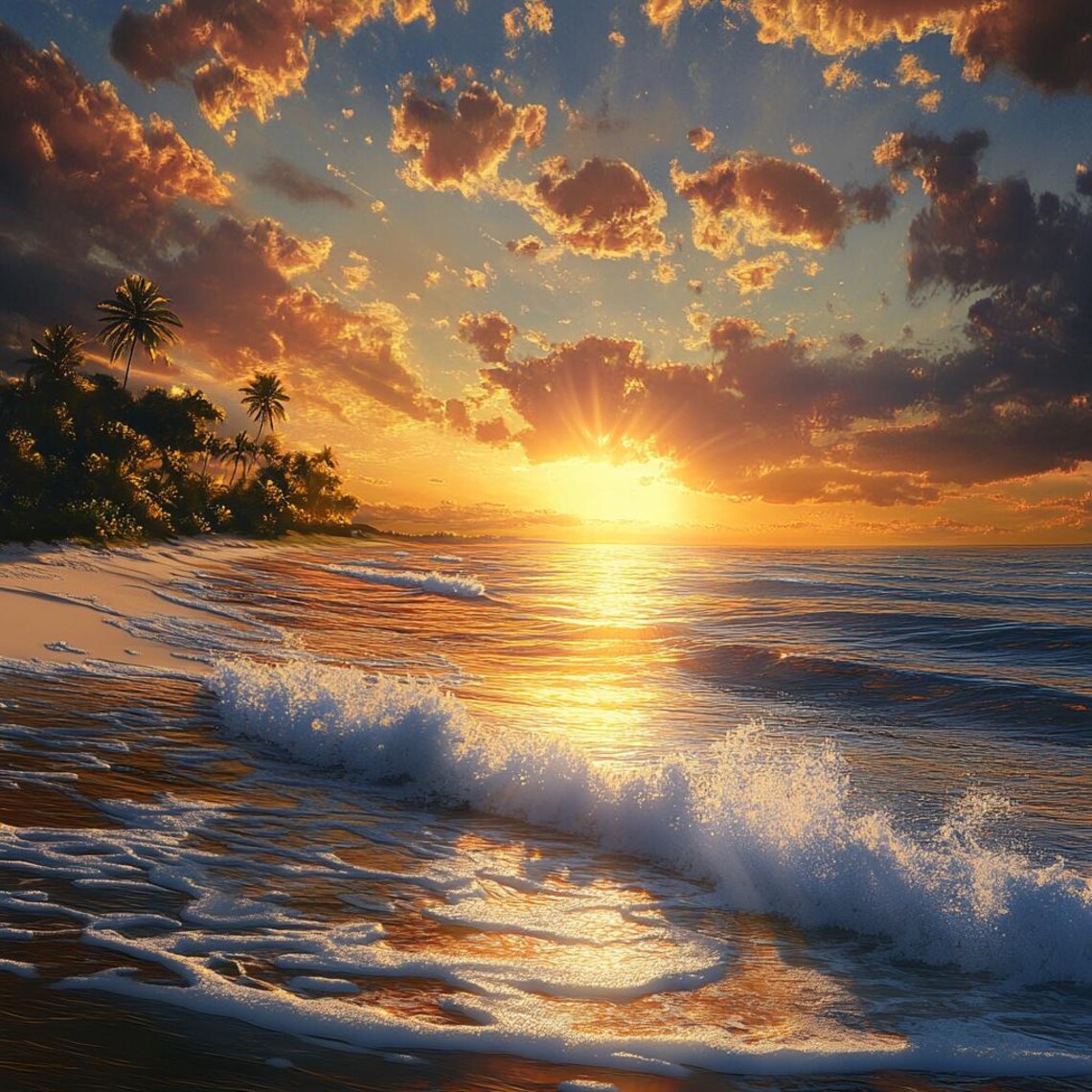 Beach Digital Art Print | Coastal Wall Art | Ocean Sunset Printable ...
