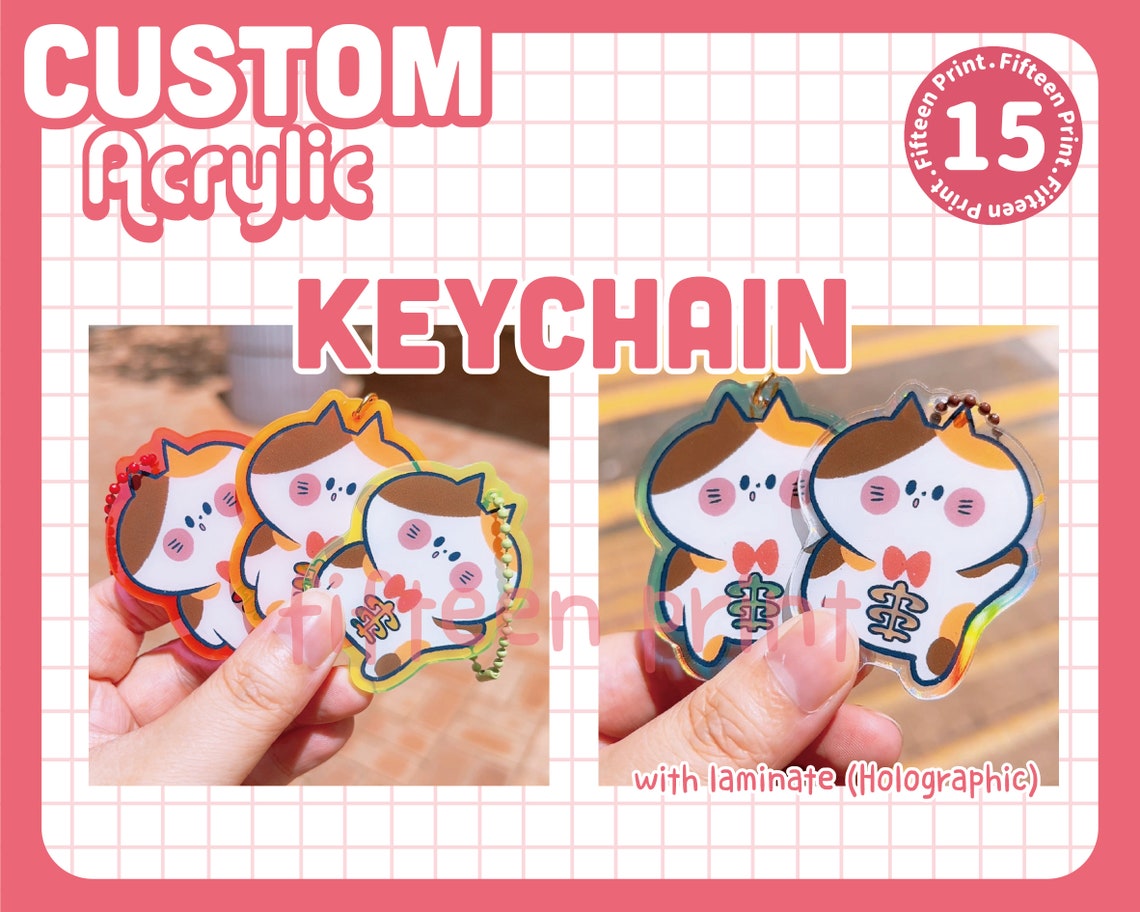 Custom Acrylic Keychain Charm Standee 8mm Block Holographic Laminate ...