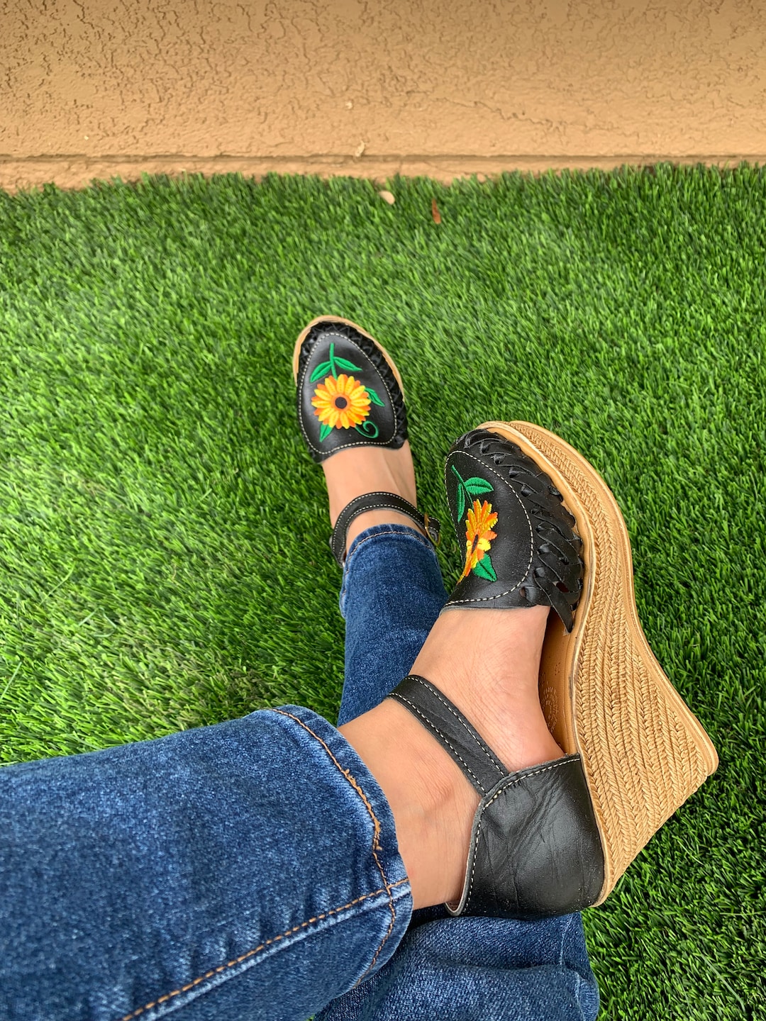 Womens Mexican Wedge Sunflower Floral Mexican Heels, Handmade Leather ...