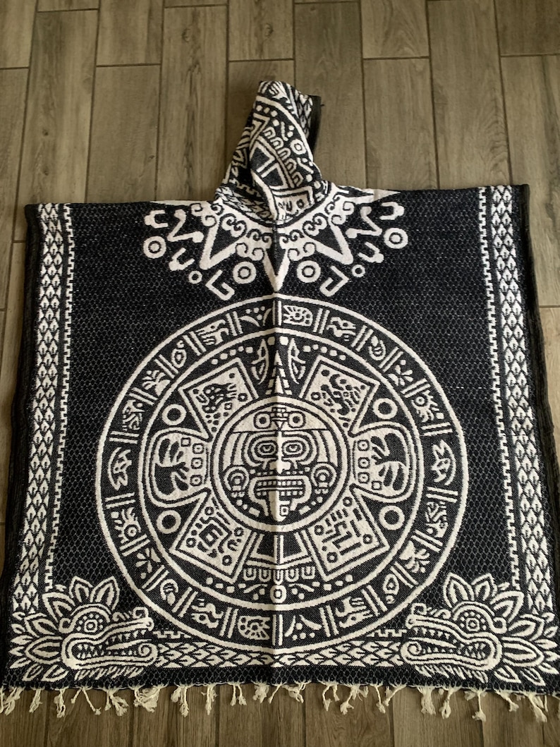 Mexican AZTEC CALENDAR. Double Sided Reversible Mexico PONCHO Gaban ...