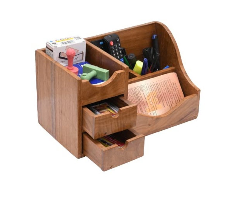 Handmade Wooden Desk Organizer Natural Solid Wood, 2 Drawer 4 Slot Pen ...