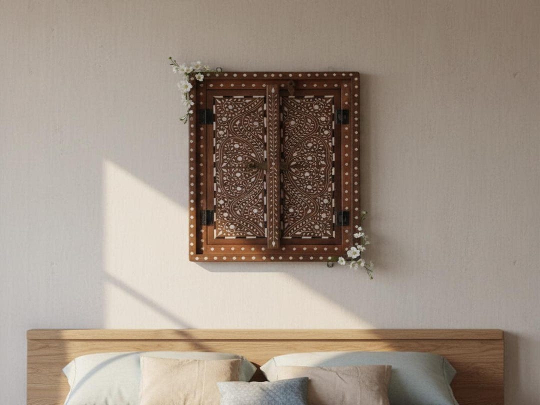 Handcrafted Wooden Inlay Window Panel: Moroccan Floral Wood Decor ...