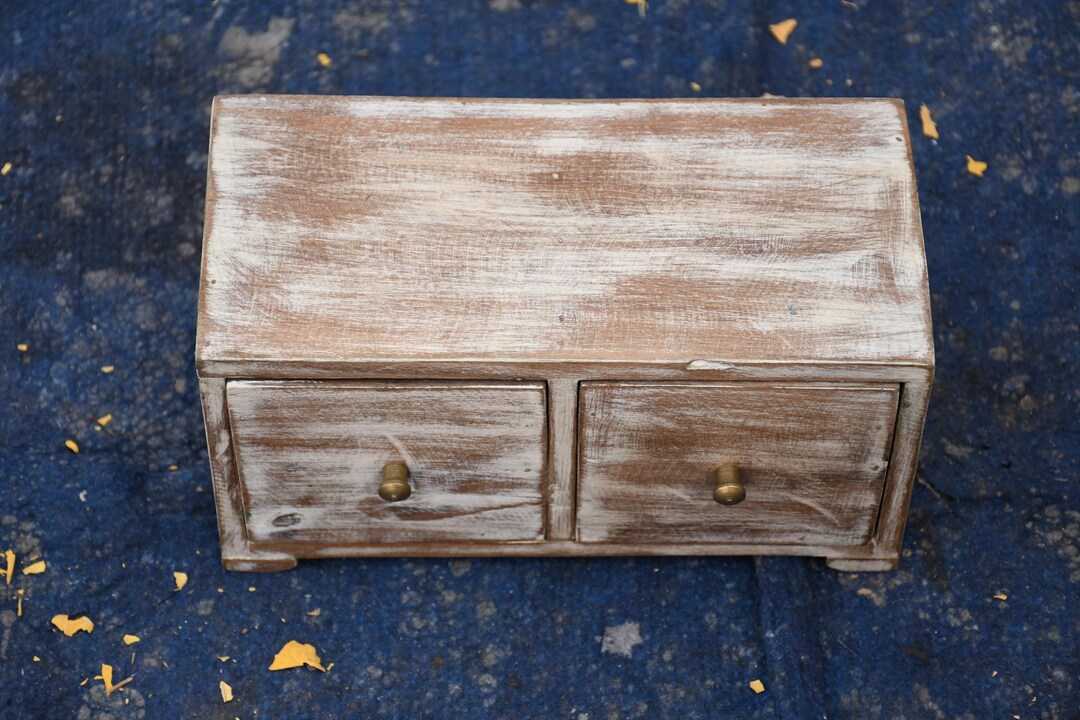 Handmade Rustic White Finish Wood Desk Organizer With 2 Drawers Mini ...