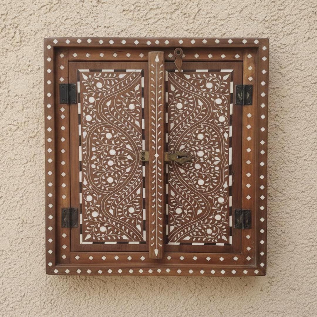 Handcrafted Wooden Inlay Window Panel: Moroccan Floral Wood Decor ...
