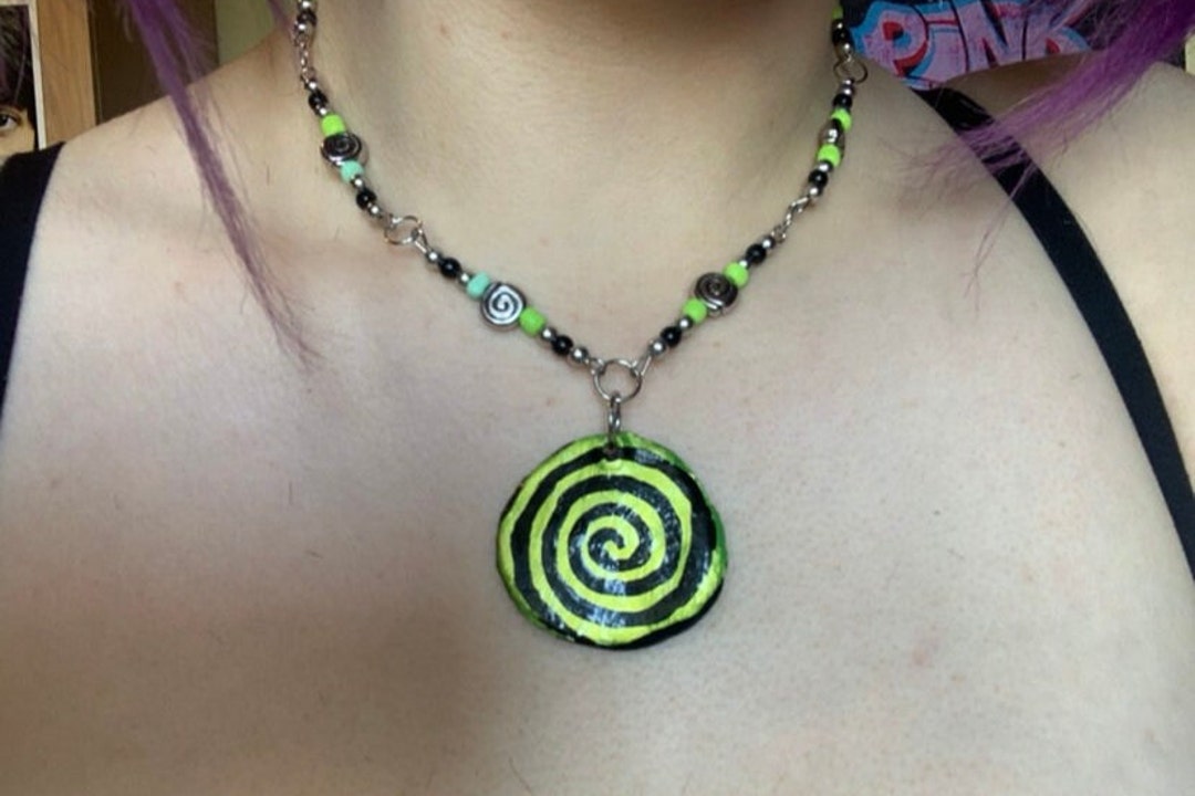 Y2k Emo Green Spiral Necklace, Spiral Beaded Clay Necklace, Green ...