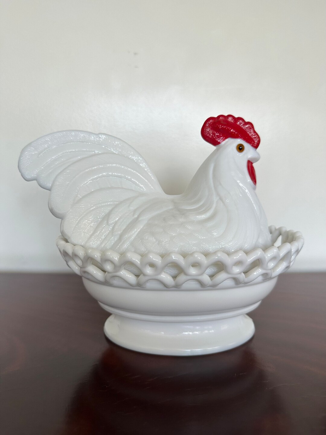 Westmoreland Large Rooster on Nest Milk Glass Dish Stamped & Stickered ...
