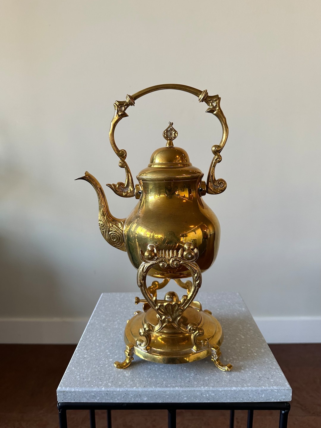Solid Ornate Brass Tilting Teapot W/ Stand and Burning Warmer Made in ...