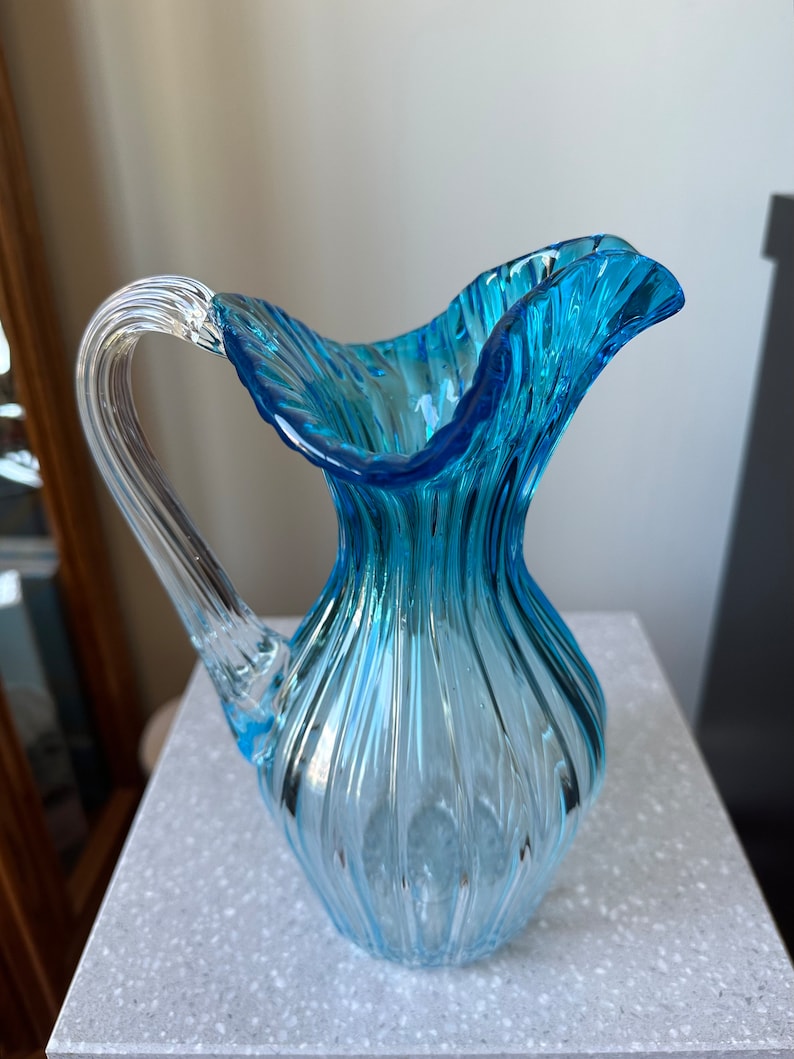 Vintage Clear Fade Blue Glass Jug Pitcher Hand Blown Murano Style ...