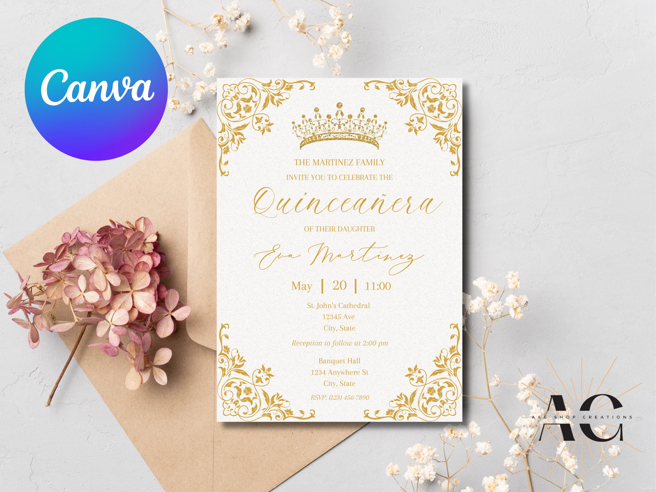 White and Gold Quinceañera Invitation: Editable Template (digital ...