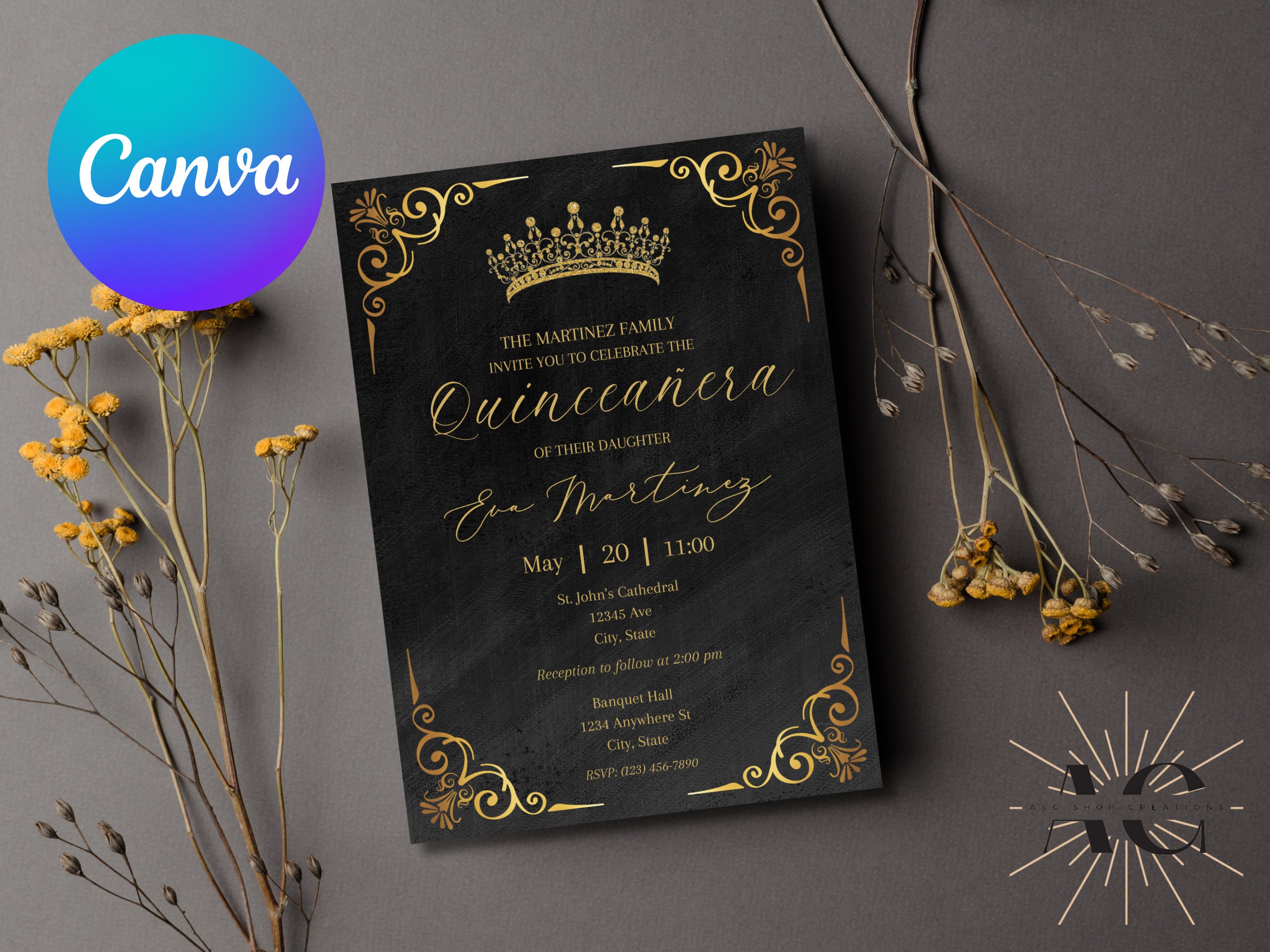 Black and Gold Quinceañera Invitation: Editable Template (digital) - Etsy