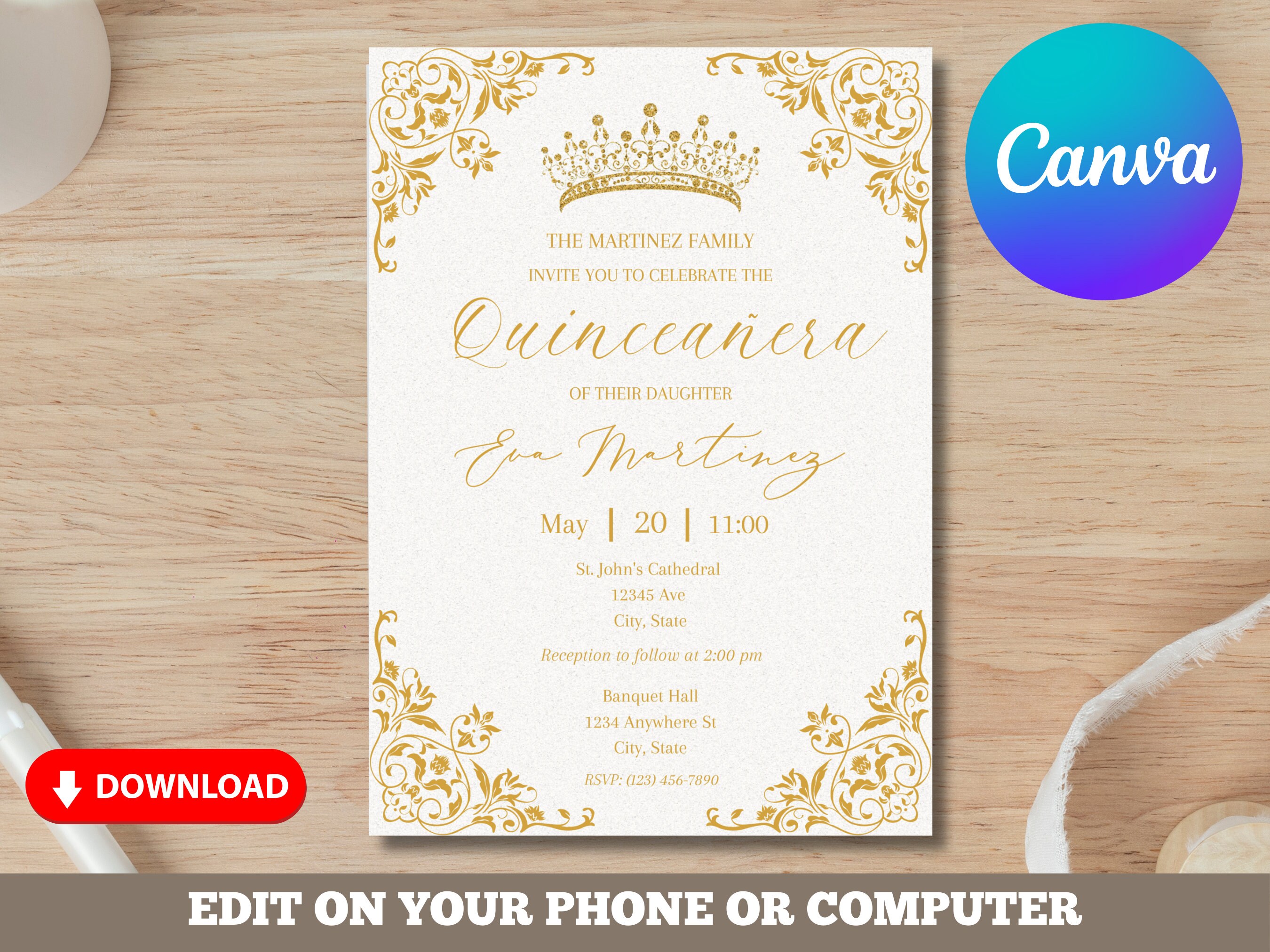 White and Gold Quinceañera Invitation: Editable Template (digital ...